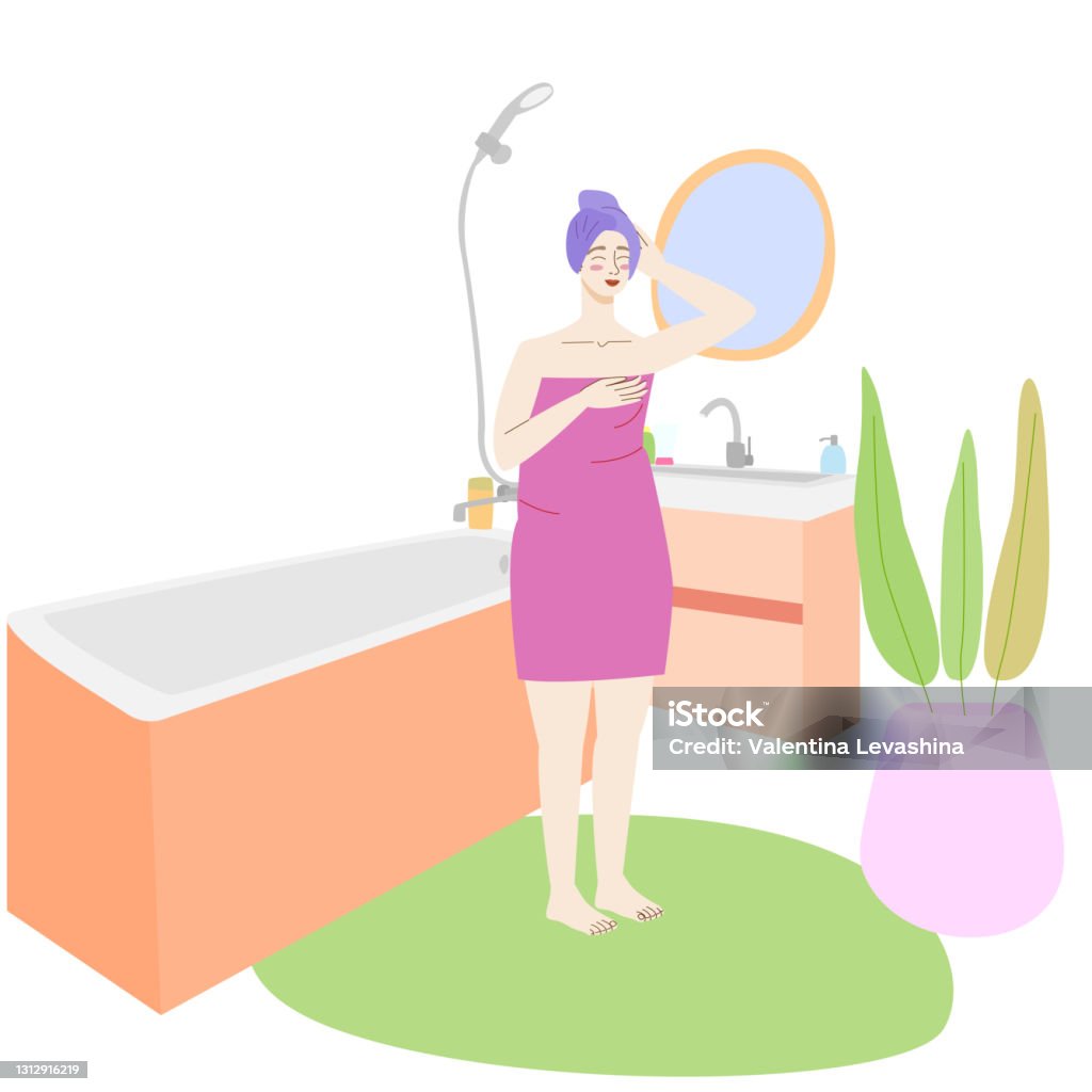 Wanita Di Kamar Mandi Interior Kamar Mandi Ilustrasi Vektor Stok Terisolasi Pada Latar Belakang