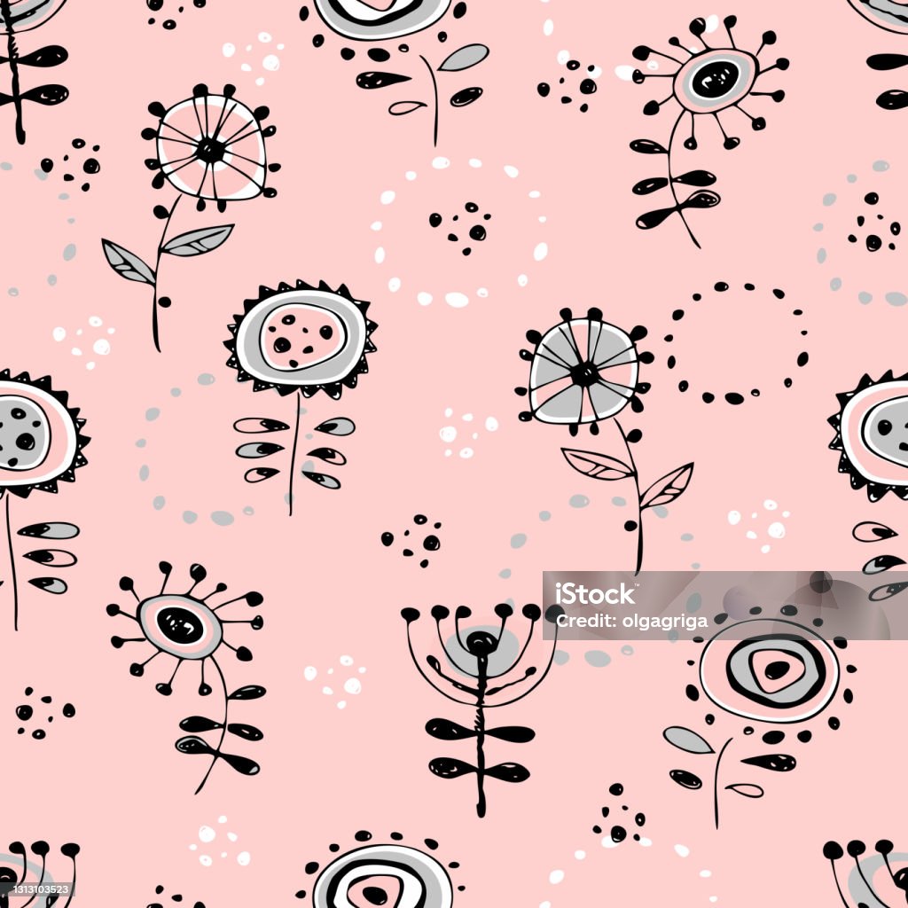 Seamless Pattern With Cute Doodlestyle Flowers Pink Background Vector