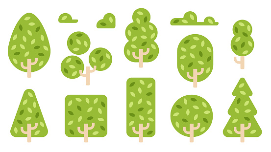 Ensemble Darbres Plantes Isolées Formes Géométriques Simples Fond De