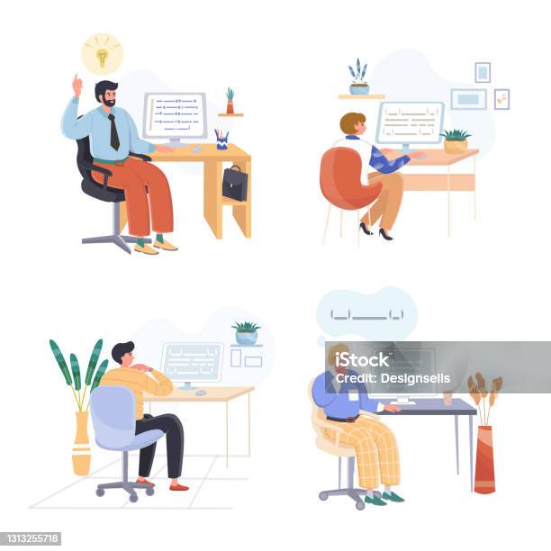 Programming Working Concept Scenes Set Coders Or Programmers Coding On Computers Writing Program