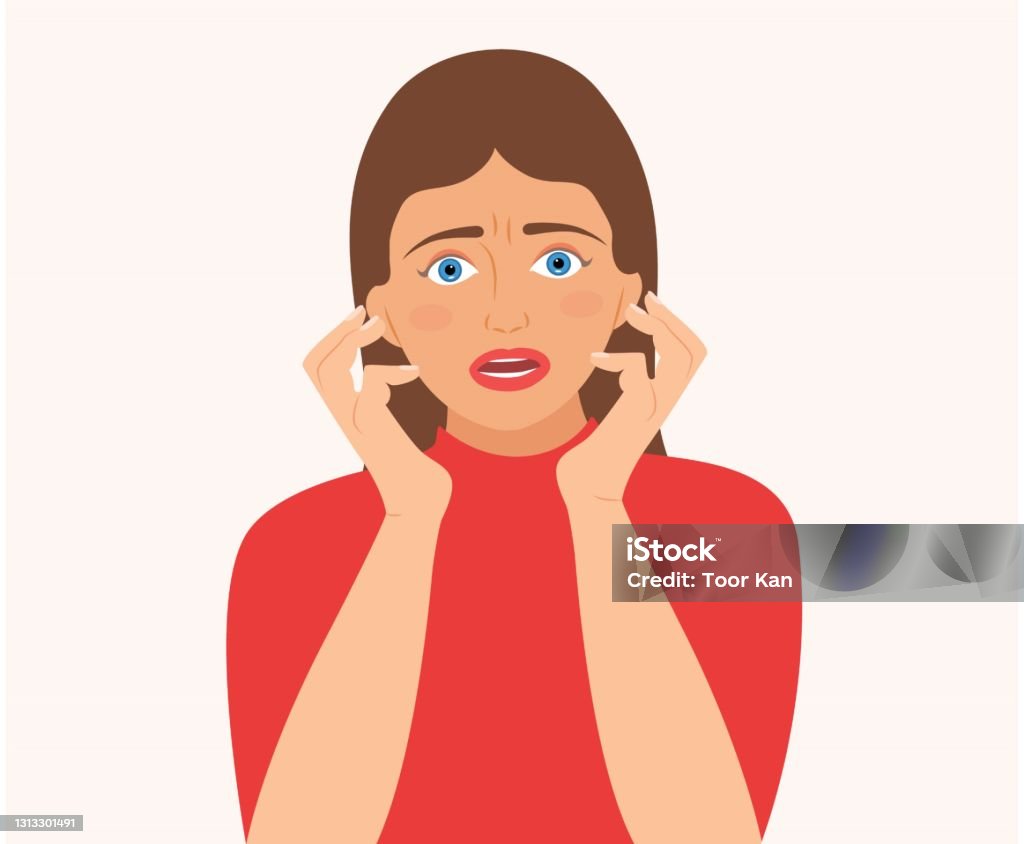 Portrait Of Scared Panicked Woman With Horror Face And Two Hand