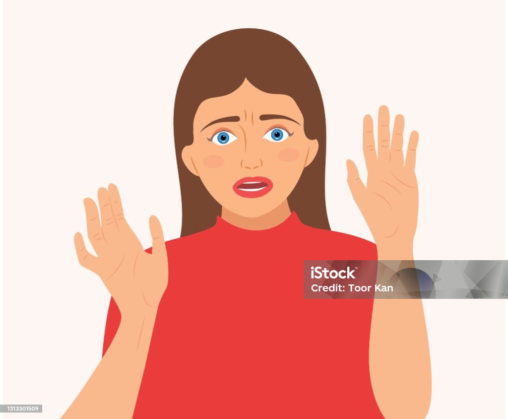 Portrait Of Scared Panicked Woman With Horror Face And Two Hand