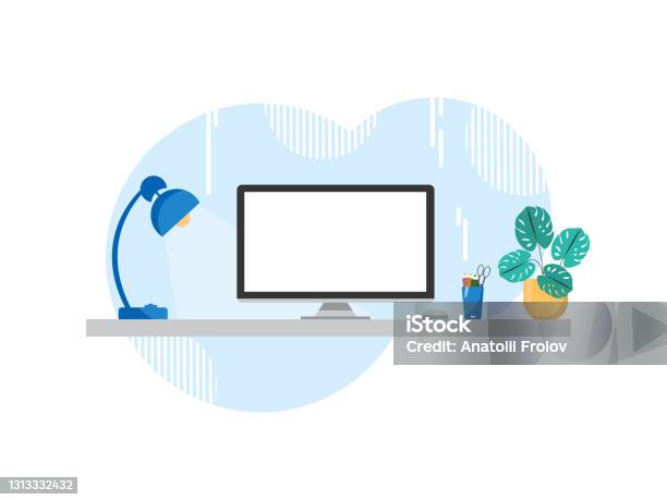 Tempat Kerja Dengan Komputer Dengan Layar Kosong Untuk Mockup Di Atas