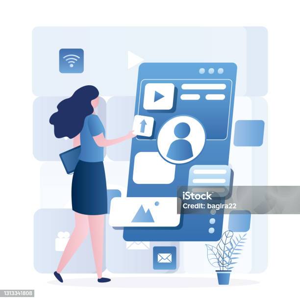 Woman Programming Applications On Smartphone Ui Designer Creates Structure Of Information Blocks