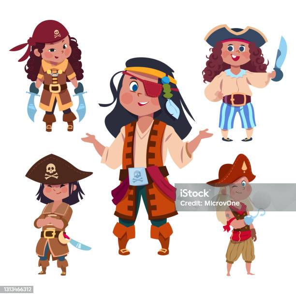 Pirates De Fille De Caractère De Dessin Animé Disolement Sur Le Fond