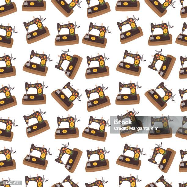 Sewing Machine Seamless Pattern Needlework Concept Vector Hand Drawn