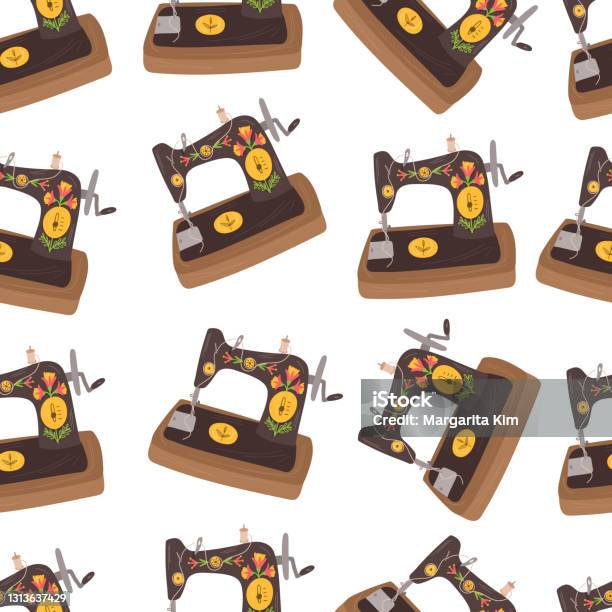 Sewing Machine Seamless Pattern Vector Hand Drawn Illustration Stock