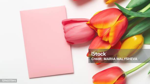 Buket Tulip Segar Dengan Amplop Di Latar Belakang Putih Tampilan Atas ... Buket Tulip Segar Dengan Amplop Di Latar Belakang Putih Tampilan Atas ...