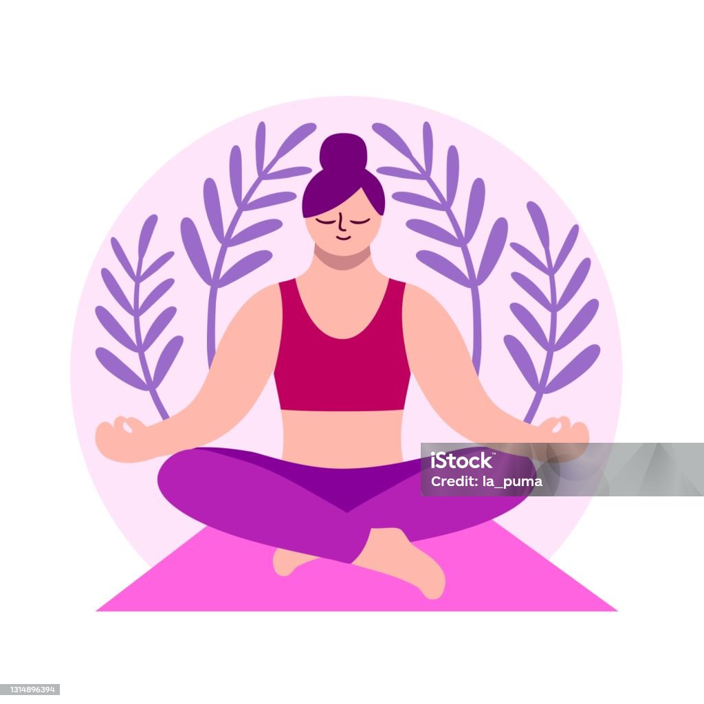 Girl Sitting In Lotus Position And Meditating Color Vector Illustration