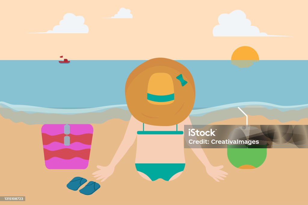 Back View Woman Sitting On Beach Stock Illustration Download Image