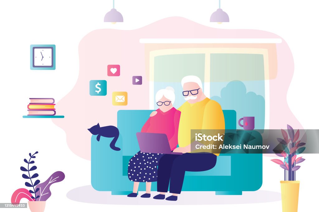 Pasangan Lansia Duduk Di Sofa Dan Menggunakan Komputer Nenek Dan Kakek ... Pasangan Lansia Duduk Di Sofa Dan Menggunakan Komputer Nenek Dan Kakek ...