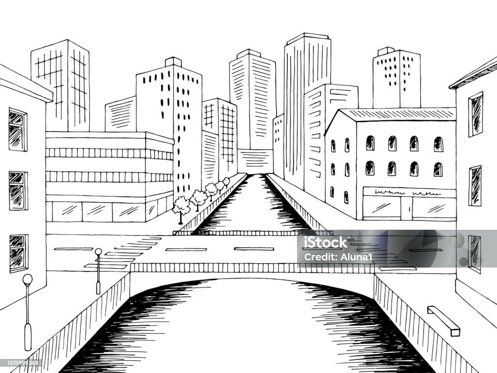 Jembatan Jalan Sungai Kota Grafis Hitam Putih Sketsa Ilustrasi Vektor