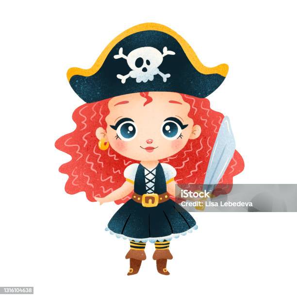 Fille Mignonne De Pirate De Dessin Animé Disolement Sur Le Fond Blanc