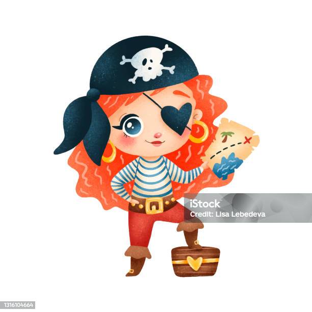 Fille Mignonne De Pirate De Dessin Animé Disolement Sur Le Fond Blanc