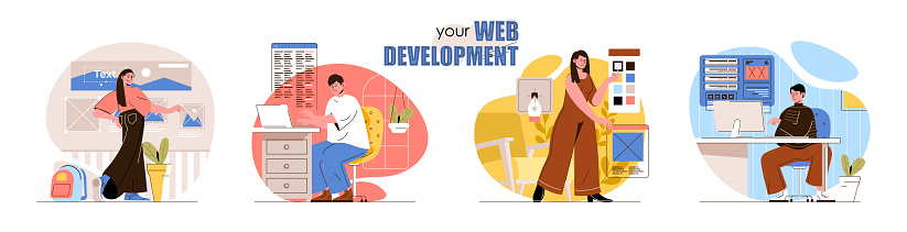 Web Development Concept Scenes Set Developers Create Site Layouts