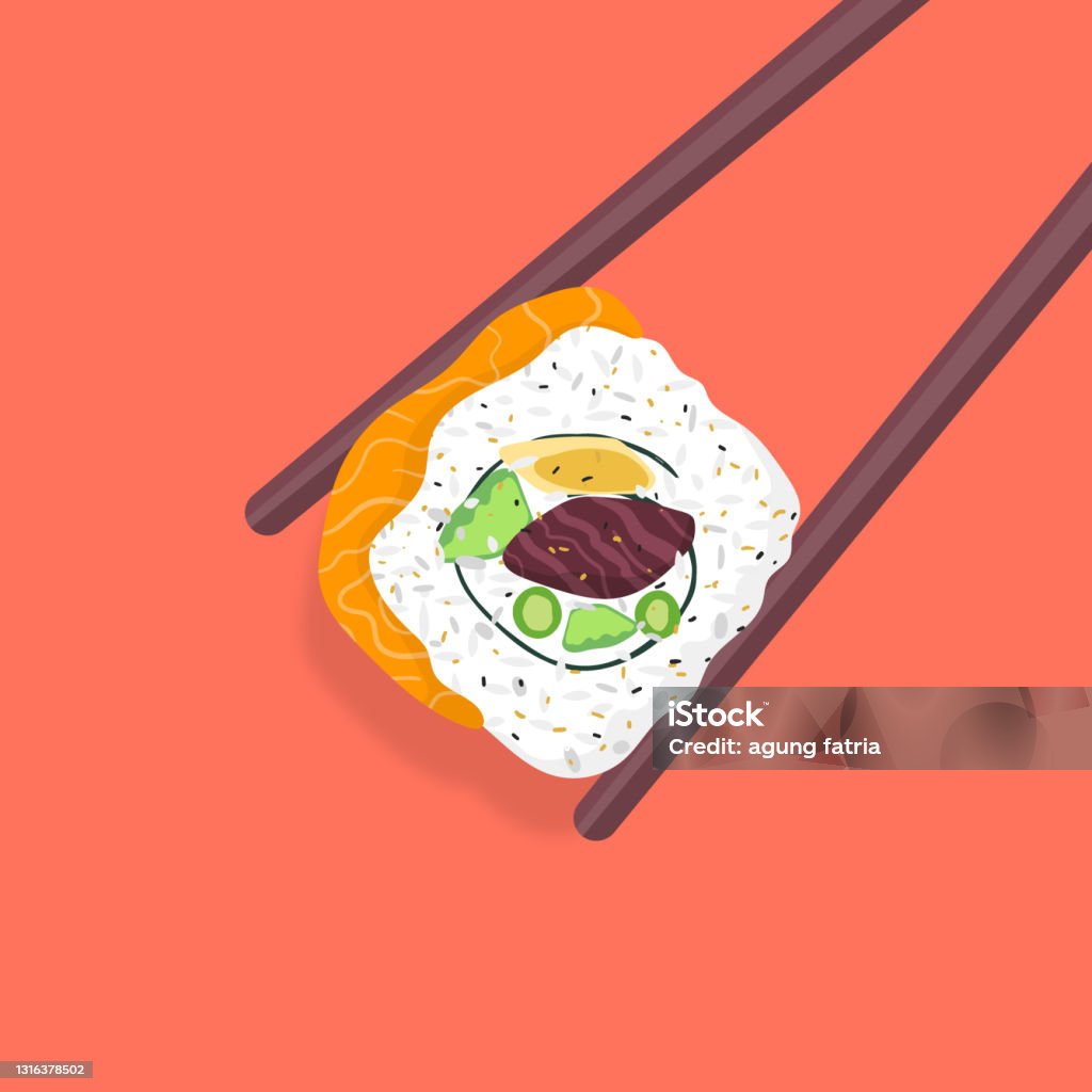 Sumpit Kayu Dan Sushi Roll Pada Ilustrasi Latar Belakang Putih
