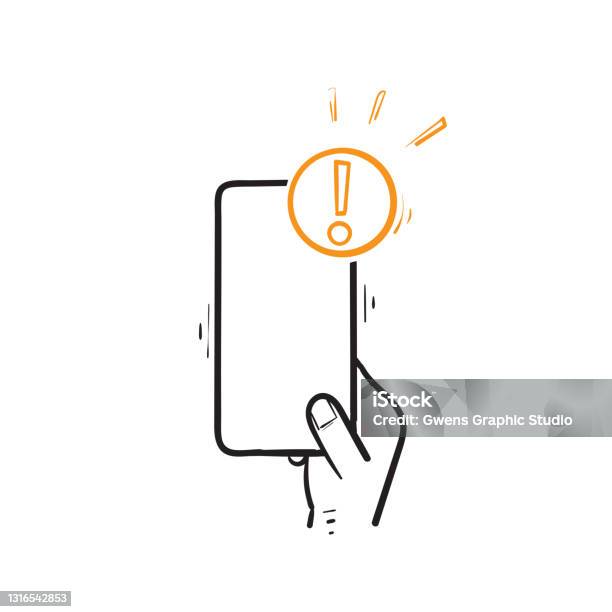 Tangan Digambar Doodle Tangan Memegang Ponsel Dengan Simbol Ilustrasi