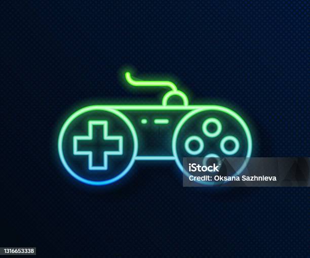 Ikon Gamepad Garis Neon Bersinar Terisolasi Pada Latar Belakang Biru