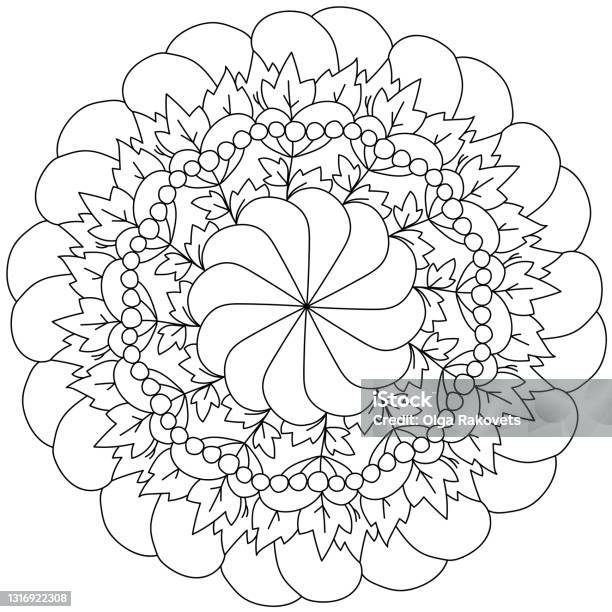 Garis Besar Sederhana Mandala Dengan Bunga Beri Dan Daun Halaman