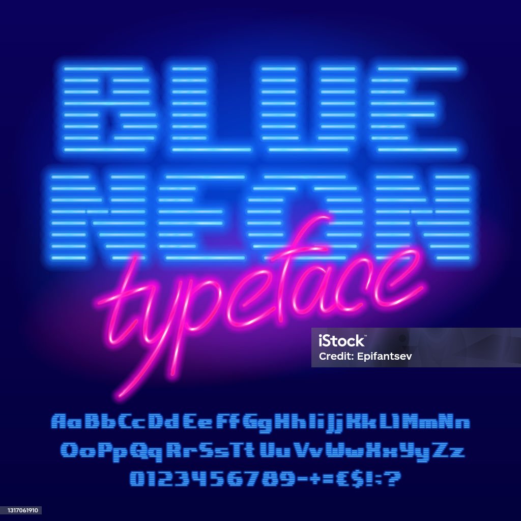 Font Alfabet Neon Biru Neon Cahaya Huruf Tebal Angka Dan Tanda Baca