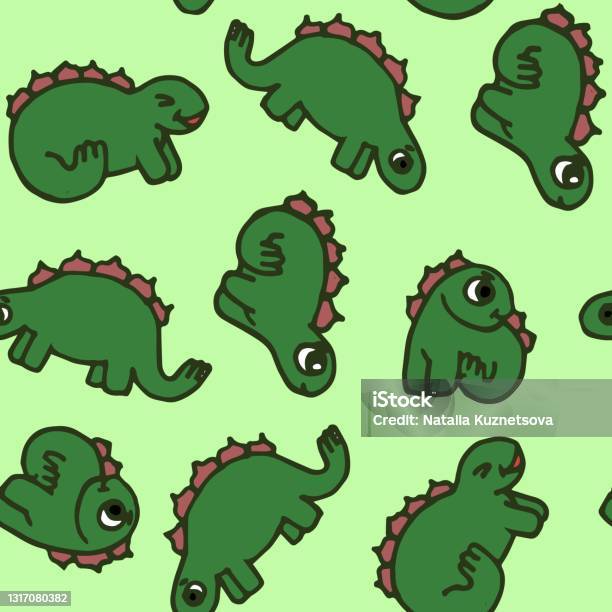 Dinosaurus Lucu Yang Ceria Ilustrasi Dino Mulus Gaya Sketsa Kartun