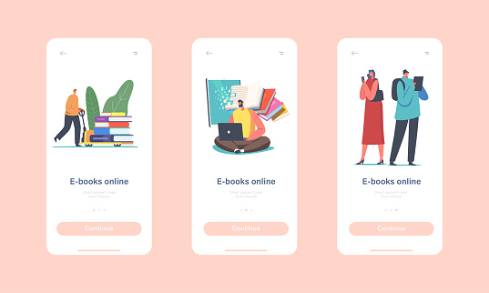 Templat Layar Onboard Halaman Aplikasi Seluler Ebook Online Karakter