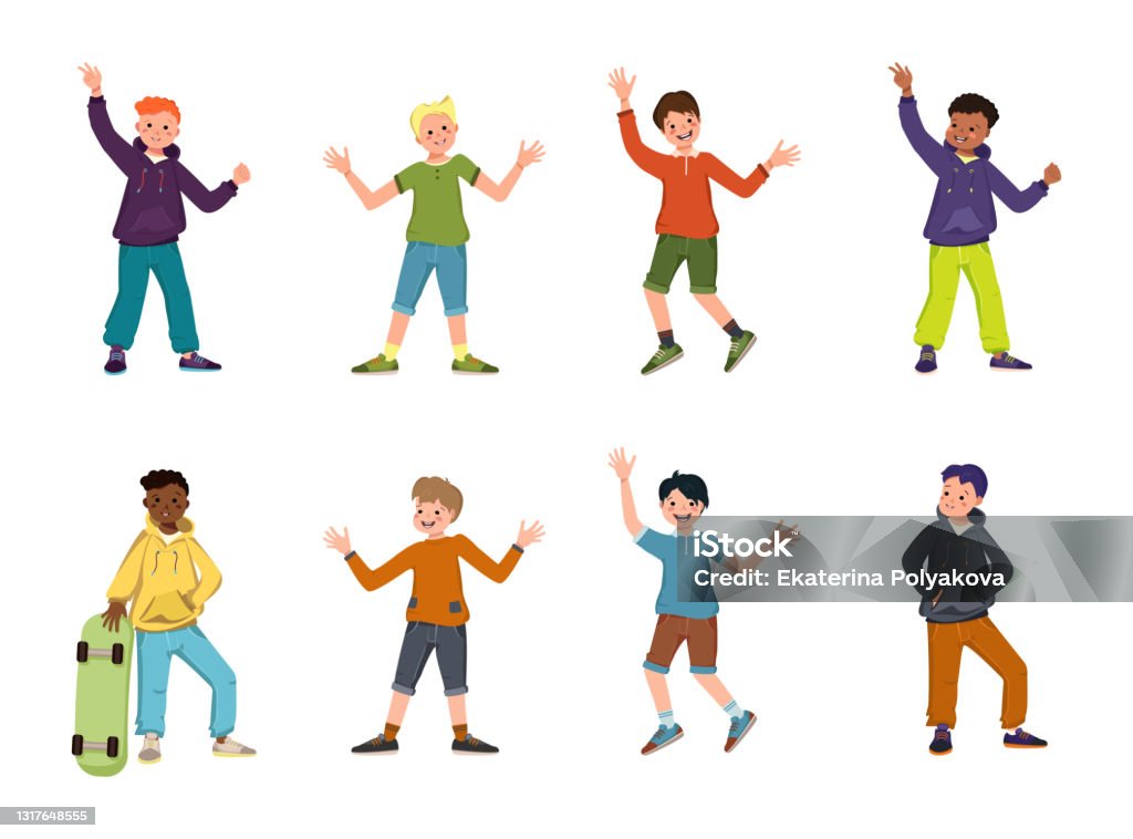 Garçons Ou Adolescents De Différentes Nationalités Avec La Couleur Foncée Et Blonde De Cheveux