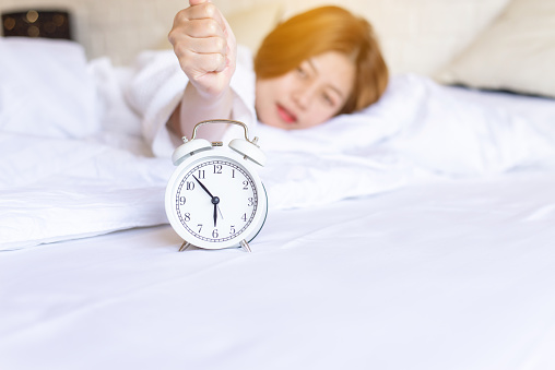 Asian Woman Hates Getting Stressed Waking Up Late 6 Oclock Alarm Clock