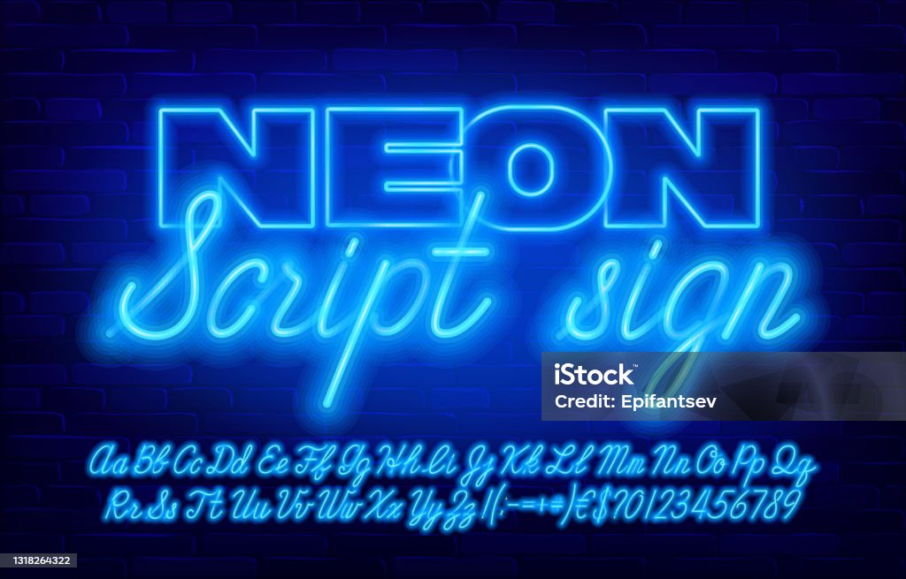 Font Tanda Skrip Neon Huruf Warna Neon Biru Dan Angka Dan Tanda Baca
