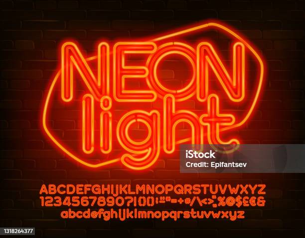 Neon Cahaya Alfabet Font Huruf Neon Oranye Angka Dan Tanda Baca Huruf