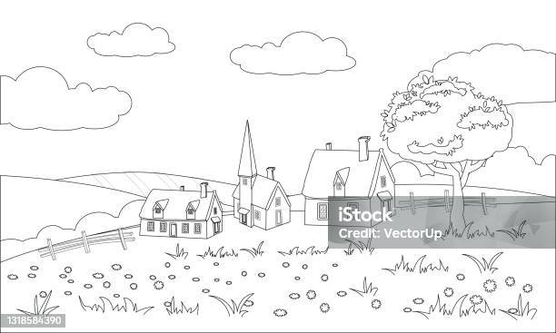 Ilustrații De Stoc Cu Clădirile Fermei Carte De Colorat Peisaj Rural Pentru Copii Vedere Rurală