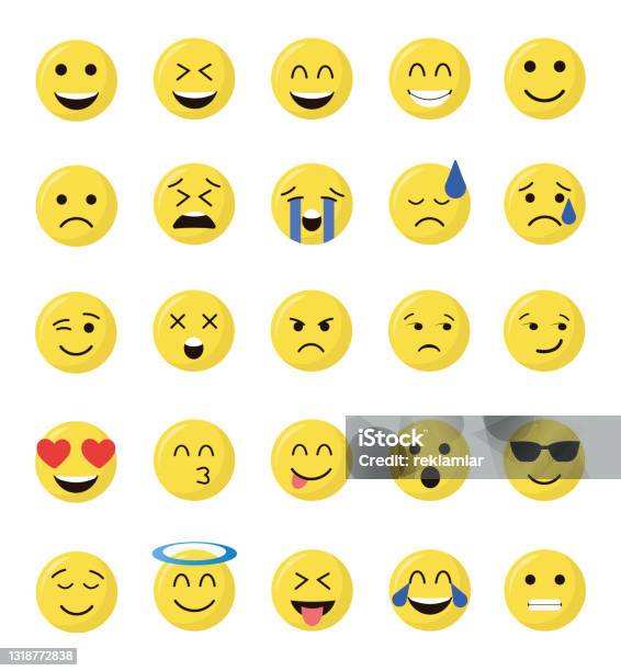 En Popüler Ifadeler Seti Düz Tasarım Sarı Karikatür Emoji Koleksiyonu