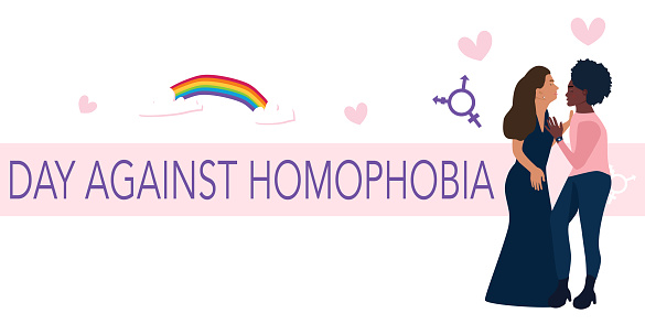 Day Against Homophobia Poster Pride Month Lgbtq Concept Interracial Lesbian Coupletwo Girls Are