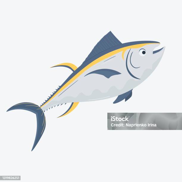 Spesies Ikan Komersial Tuna Sirip Kuning Dalam Vektor Modern Datar Ikon