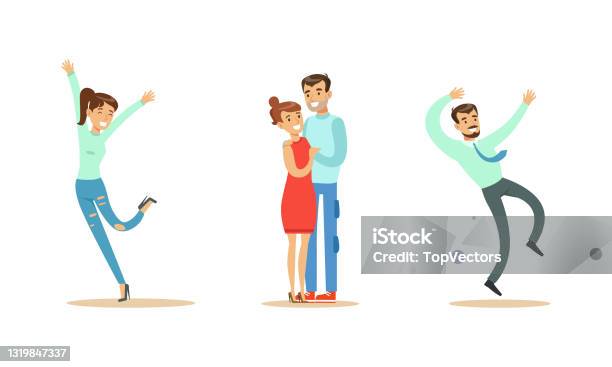 Mutlu İnsanlar Seti Başarı Karikatür Vektör İllüstrasyon Kutlama Casual