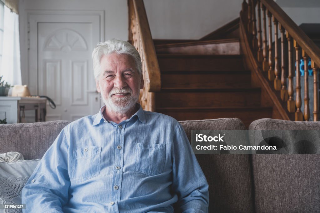 Happy Old Man With Grey Hair Senior 80s Smiling With White Teeth At