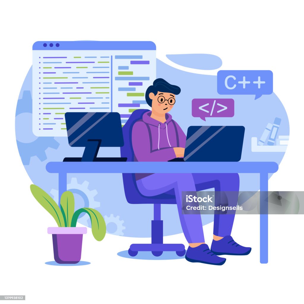 Programming Software Concept Man Developer Is Programming On Laptop Programmer Coding Code