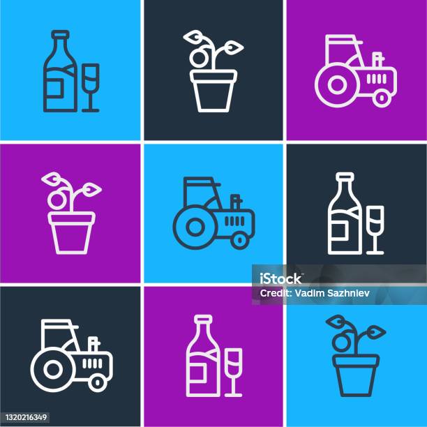 Atur Botol Anggur Garis Dengan Kaca Traktor Dan Ikon Pot Tanaman Vektor ... Atur Botol Anggur Garis Dengan Kaca Traktor Dan Ikon Pot Tanaman Vektor ...