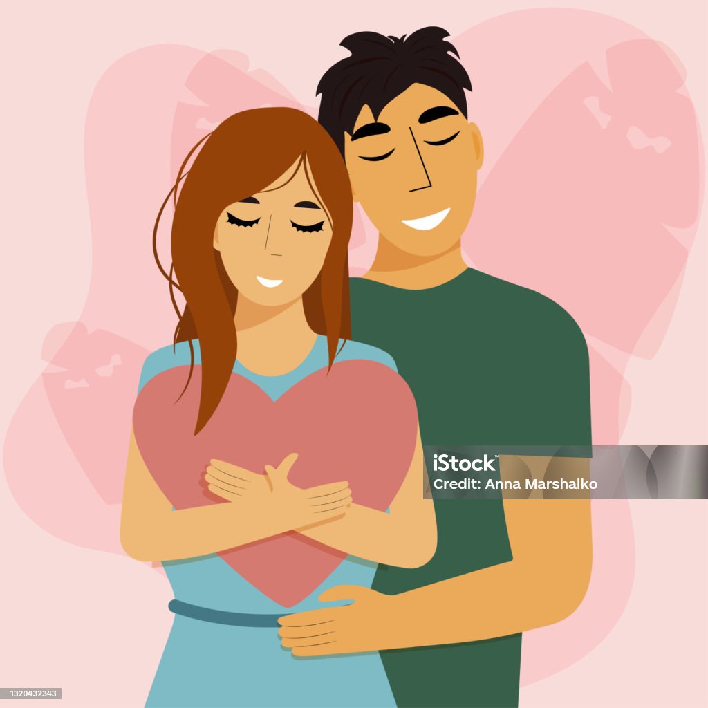 Cute Smiling Couple Hugging Big Heart With Love And Care Motivate Relax
