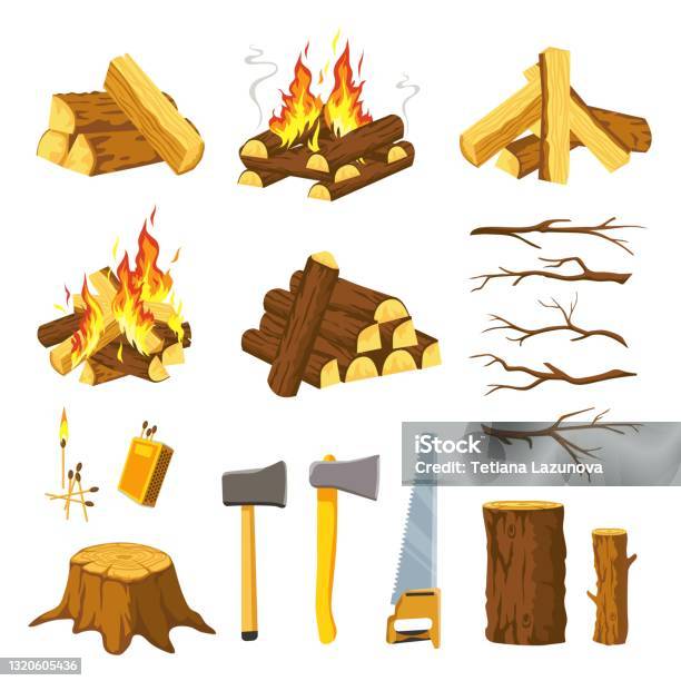 Api Unggun Kayu Pohon Log Tumpukan Cabang Penebang Kapak Gergaji Dan