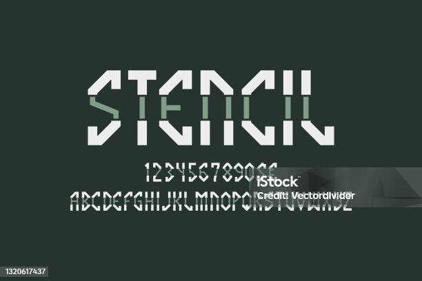 Font Tampilan Artistik Stensil Huruf Sudut Putih Abuabu Angka Dan Tanda