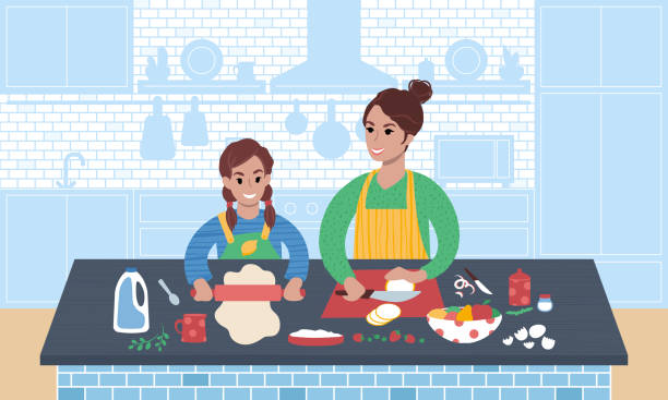 800 Mom And Daughter Cooking In Kitchen Illustrations Royalty Free
