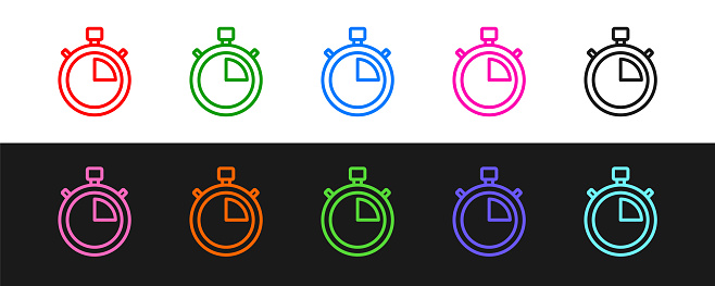 Définir La Ligne Stopwatch Icône Isolée Sur Fond Noir Et Blanc Signe De