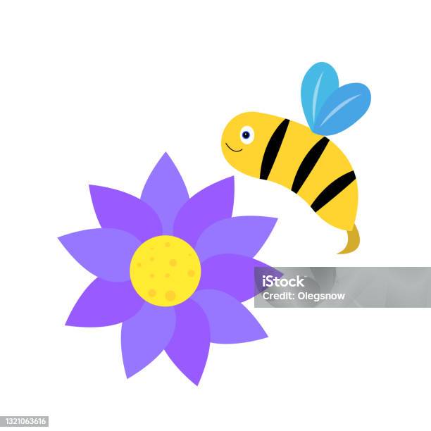 Abeille De Personnage De Dessin Animé Avec Un Sourire Mignon Sest Envolée Jusquà Une Fleur