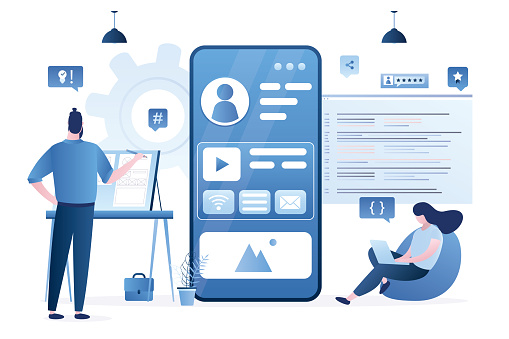 Ui Designer Creates Structure Of Information Blocks Of Mobile App Female Programmer Writes