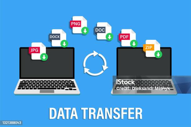 Ilustrasi Transfer Data Dua Laptop Berbagi File Yang Berbeda Ilustrasi