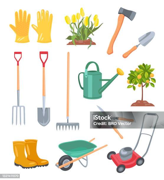 Illustrations Doutils De Jardin Dans Le Style Dessin Animé Vecteurs