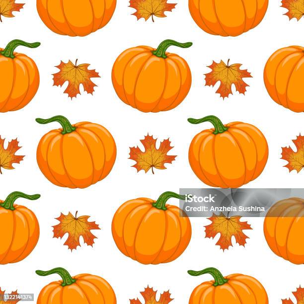 Dessin Animé Orange Citrouille Et Feuilles Tombants Dérable Dautomne