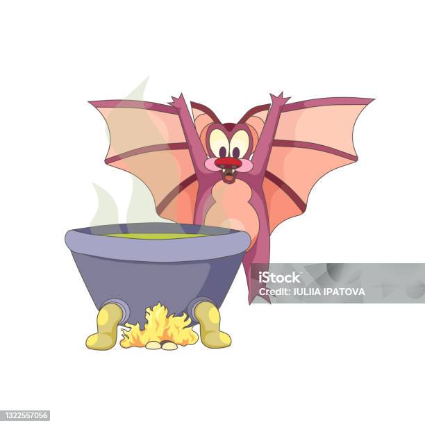 Mignon Dessin Animé Chauvesouris Cuisine Potion Verte Avec Un Caldron