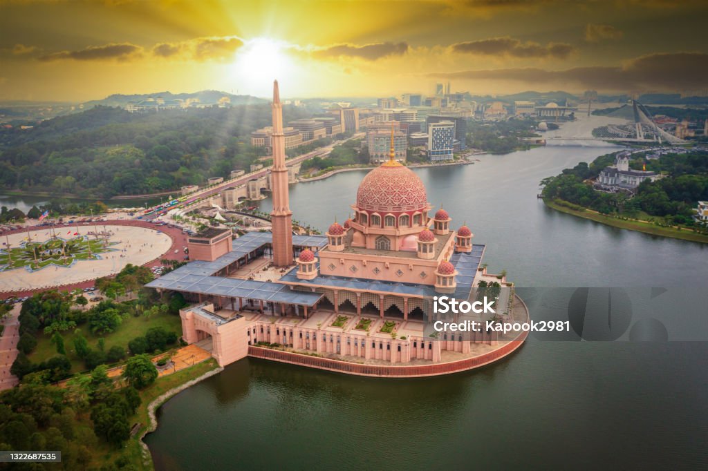 Aerial View Of Putra Mosque With Putrajaya City Centre With Lake At